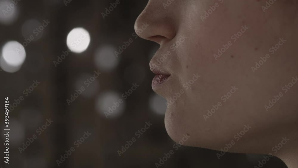 Side view positive european young beautiful girl brings a piece of meat ...