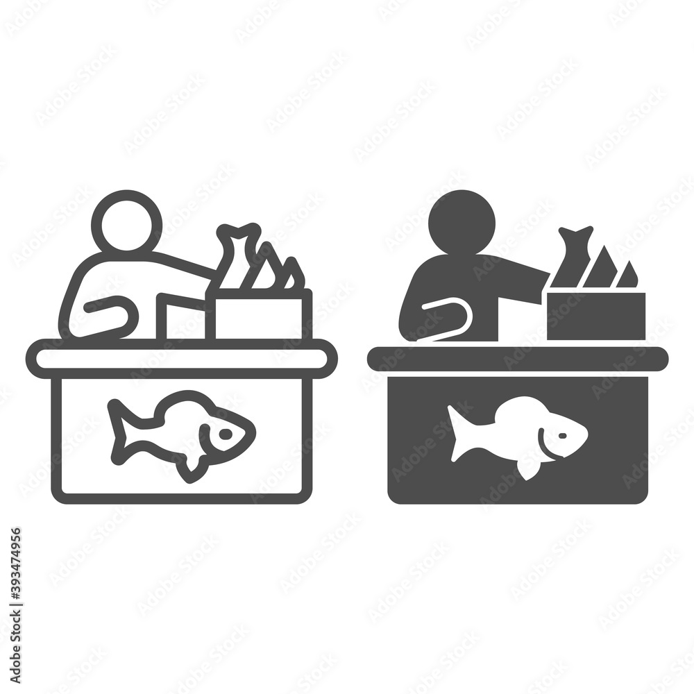 Seller in fish store line and solid icon, Fishing concept, Fish market ...
