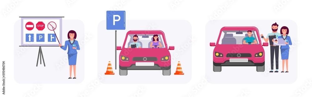Man woman getting car driving license at auto school set. Instructor ...