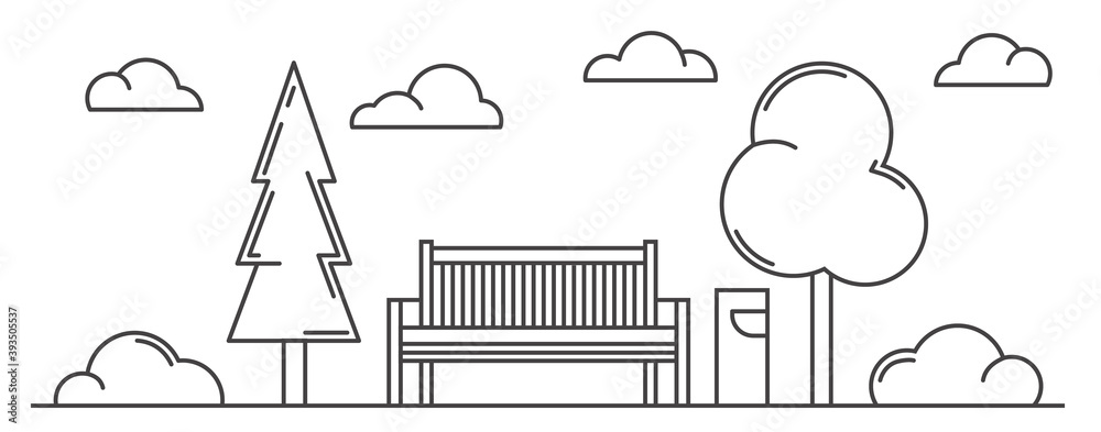 Outline city park, bench, lights and trees. Landscape sketch. Creative ...