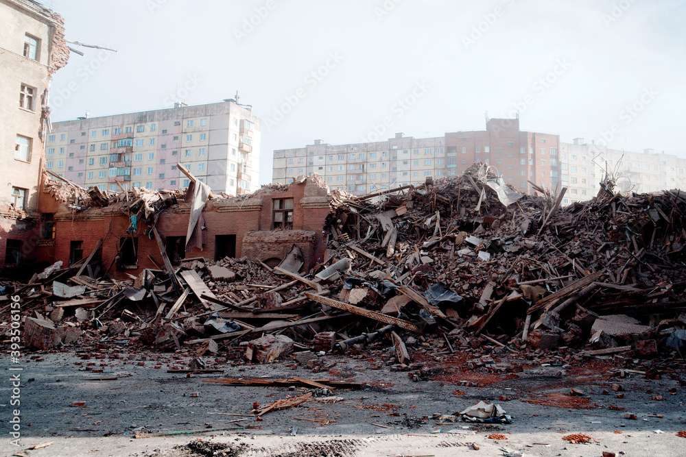 Blurred image Pile of demolition rubble. Gray rubble at a building site ...