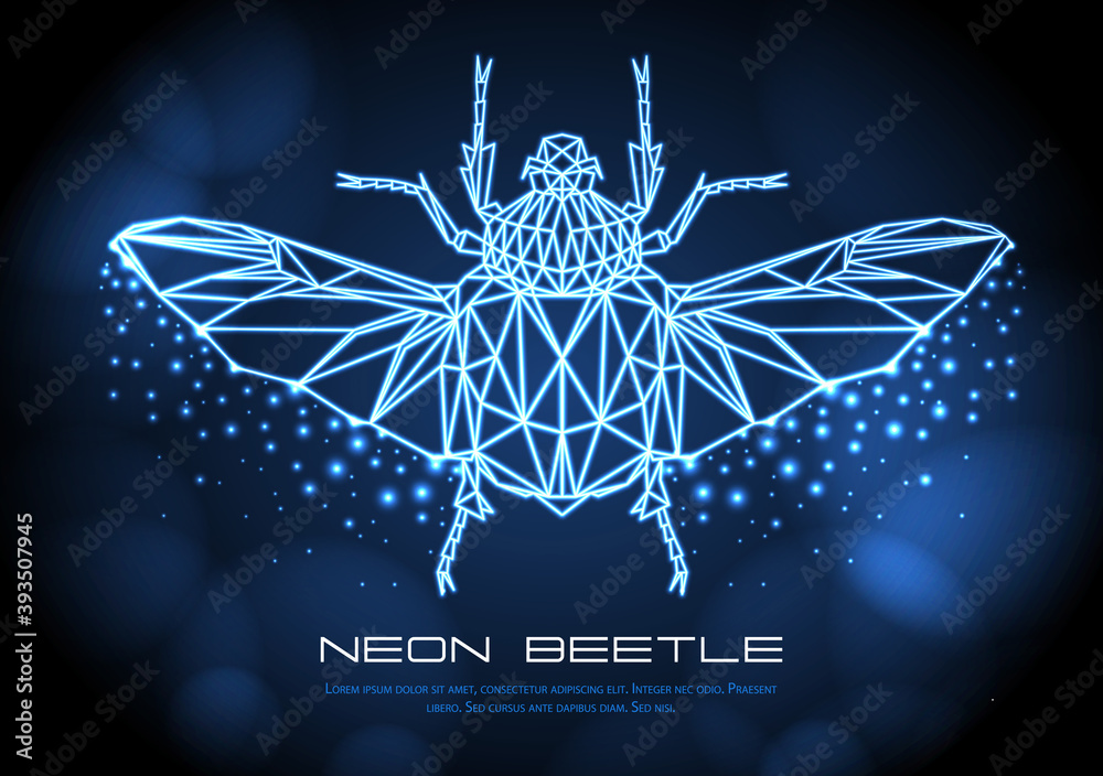 Abstract neon polygonal triangle Goliath beetle. Bug neon sign ...