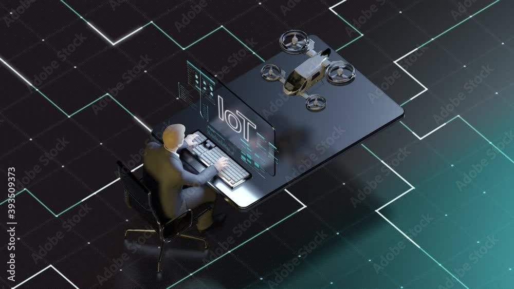 Businessman operating Drone on a IoT desk with user interface in ...