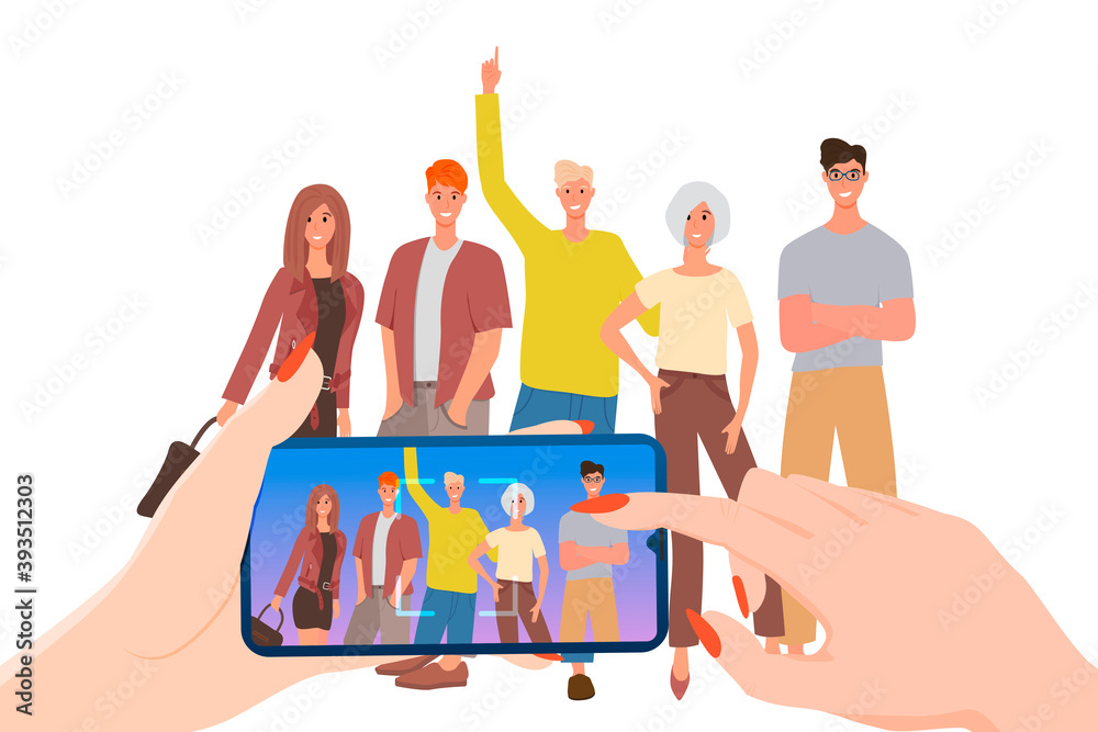 Friendly young people pose for photos and take photos on a smartphone ...
