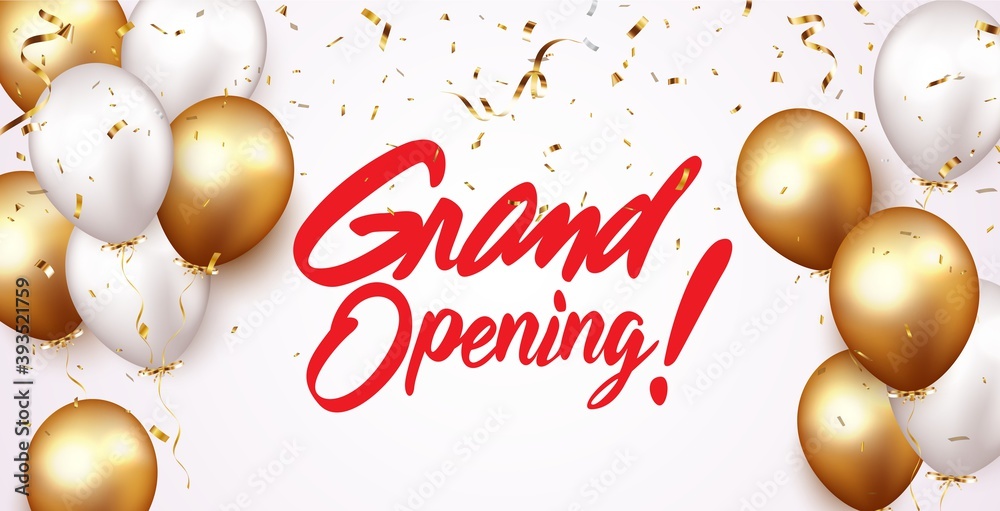 Grand opening ceremony with red balloon, gold and confetti Stock Vector ...