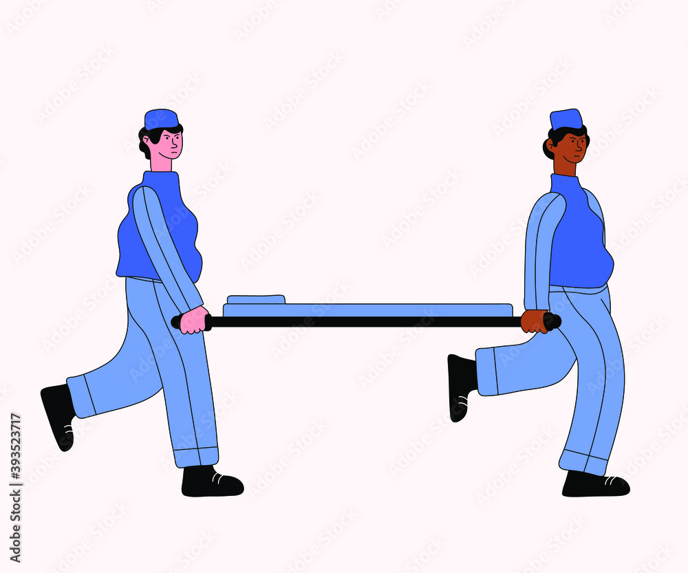 vector illustration - two ambulance orderlies of different races with a ...