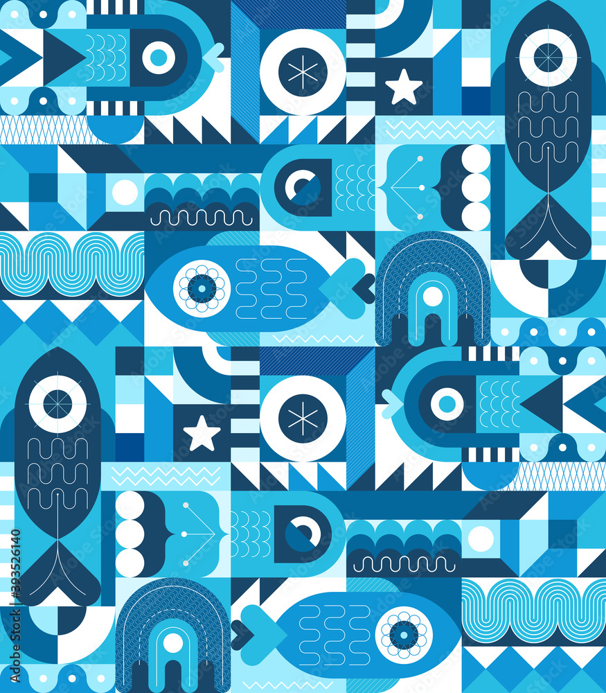 Sea life vector illustration. Blue shades geometric style flat design ...