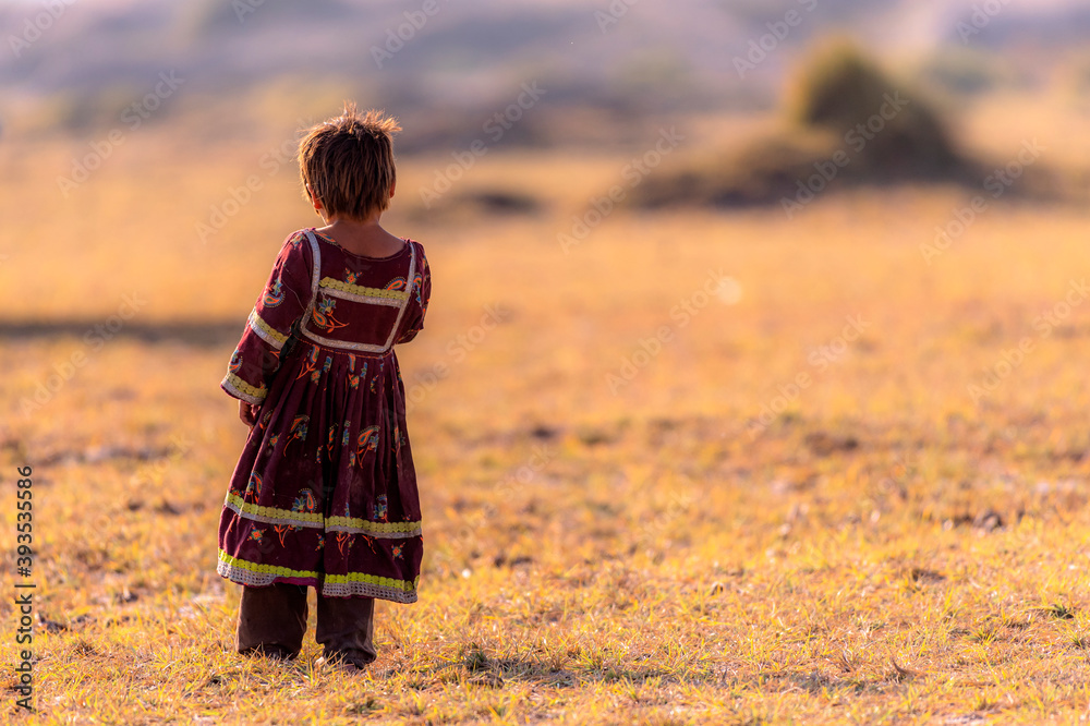 shepherd girl with traditional costume standing in the fields, a cute ...