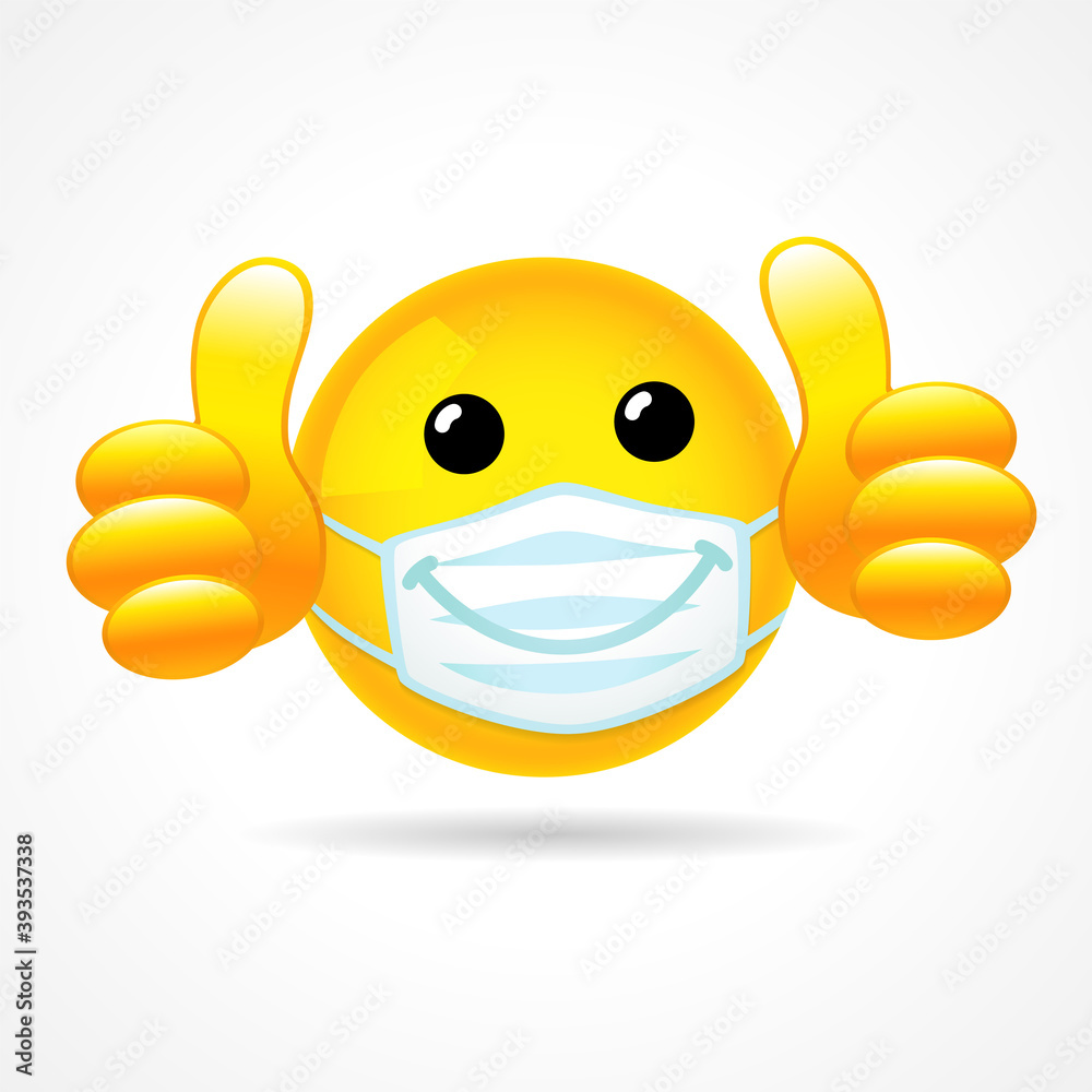 Emoji smile face with protective mouth mask showing thumb up. Yellow ...
