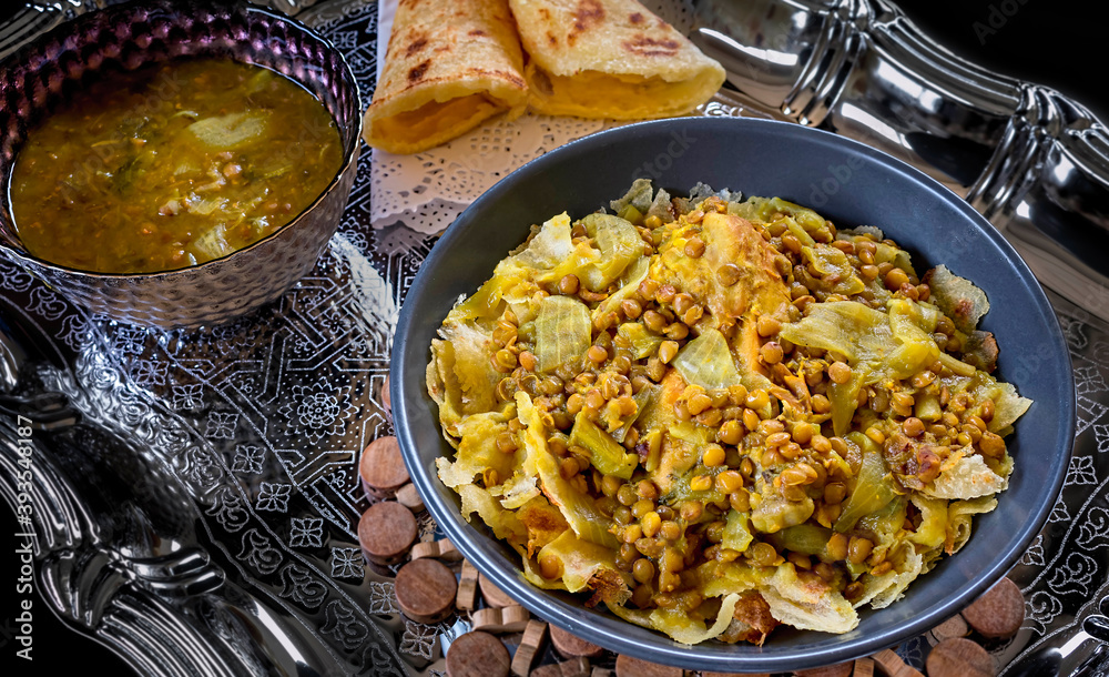 Traditional Homemade Moroccan Chicken Rfissa with onions and lentils ...