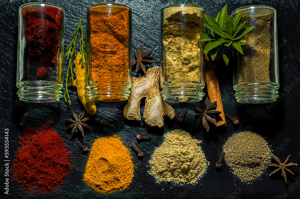 Variety of Spices Used in Cooking, Turmeric, Ginger, Paprika, Pepper ...