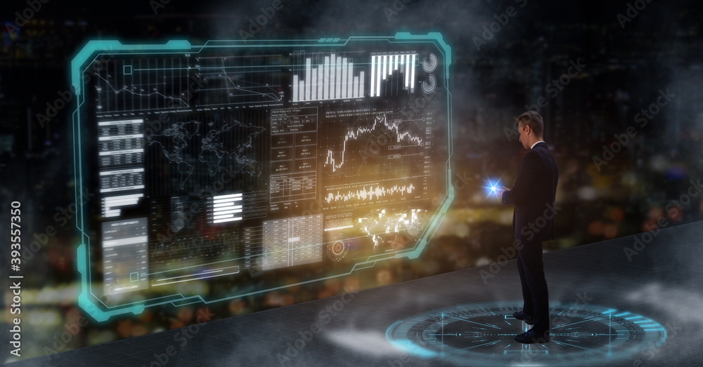 business man use augmented mixed virtual reality integrate artificial ...