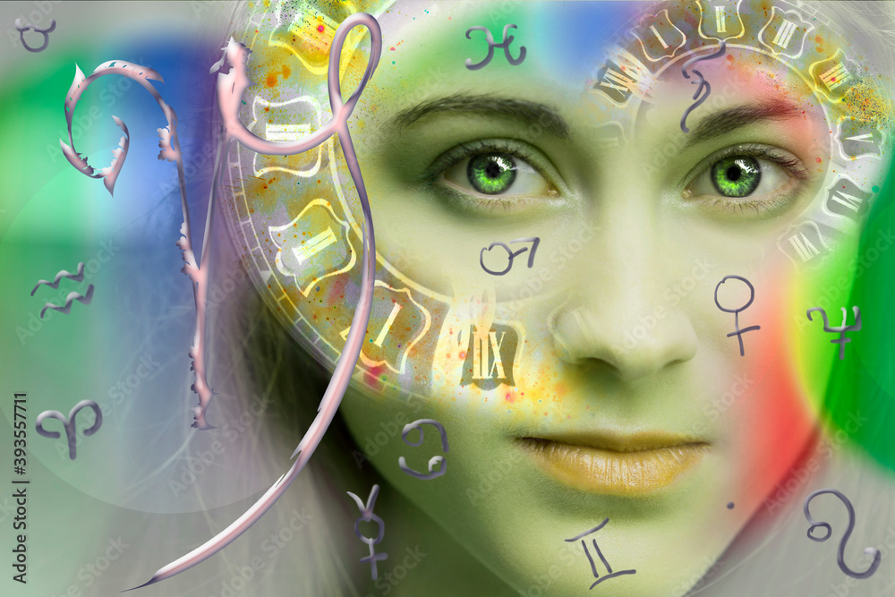 Female face and astrological symbols of the planets and signs of the ...