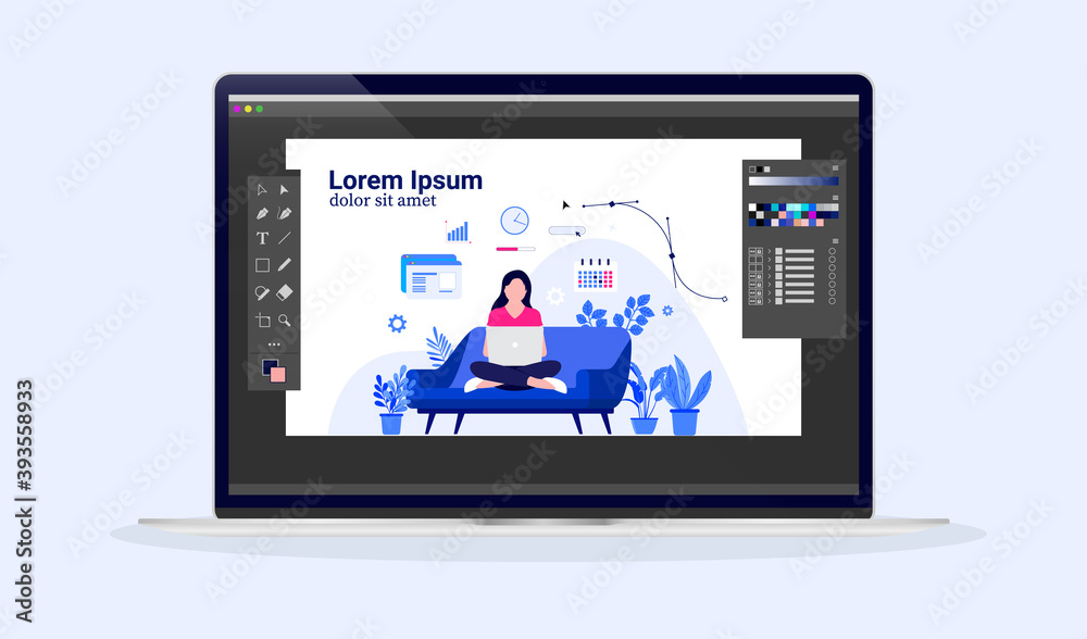 Working as an illustrator on laptop computer - Screen with unbranded ...