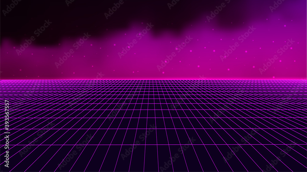 Abstract wireframe landscape 1980s style. Retro futuristic vector grid ...