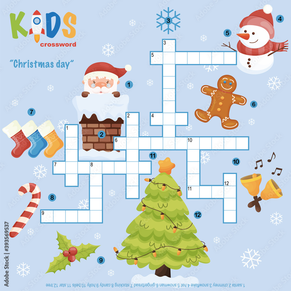 Easy crossword puzzle "Christmas day", for children in elementary ...
