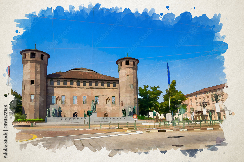 Watercolor drawing of Medieval old Acaja Castle with brick towers and ...