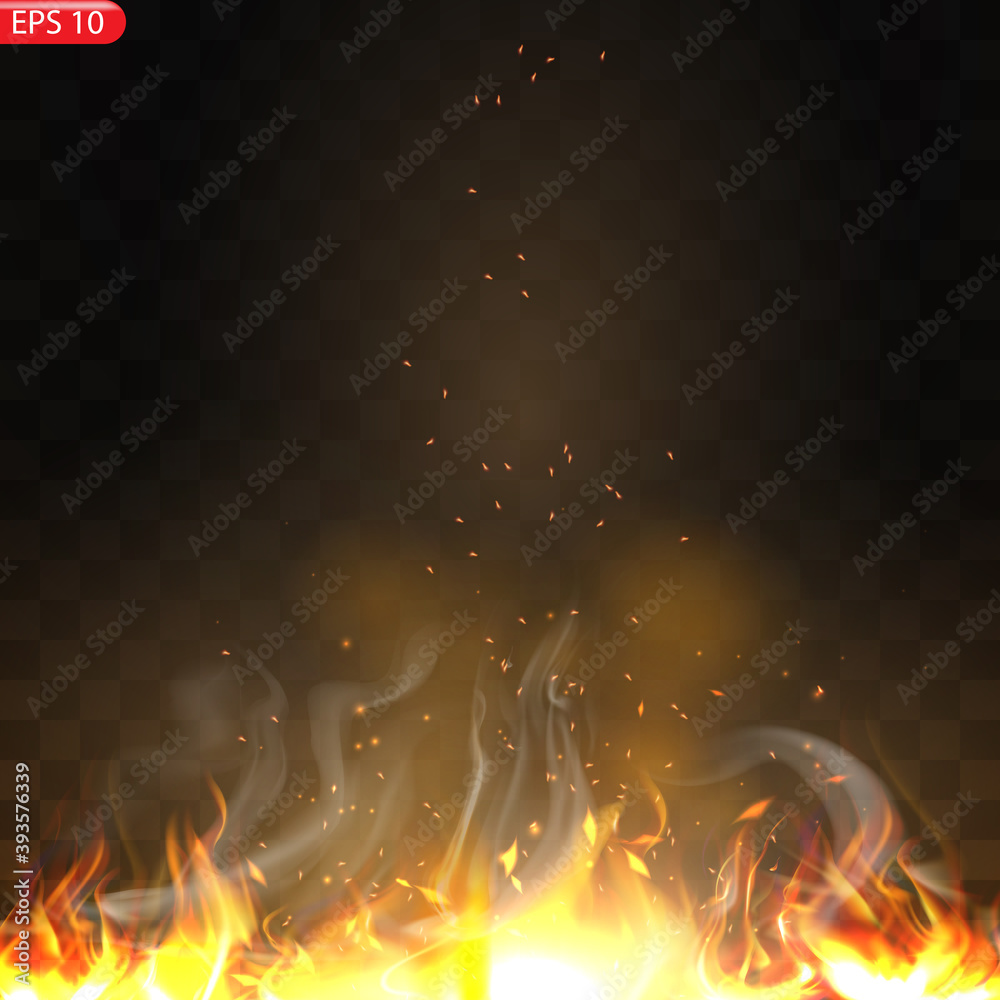 Realistic burning fire flames vector effect with transparency for ...