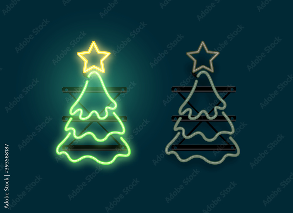 Glowing neon christmas tree sign lgiht with on and off versions. Vector ...