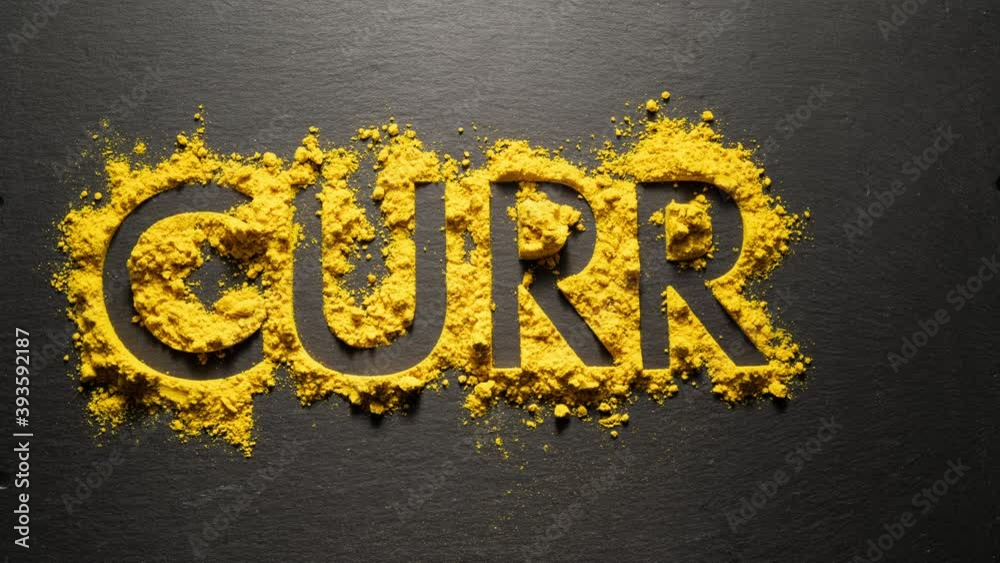 Writing word "Curry" from dry curry powder on black background. Stop ...
