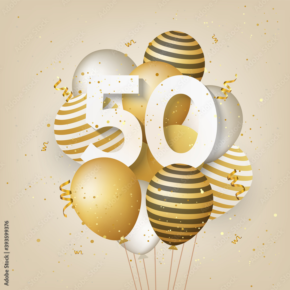 Happy 50th birthday with gold balloons greeting card background. 50 ...