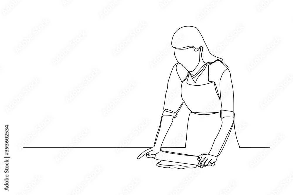 Continuous line drawing of chef woman rolling bakery pizza dough use ...