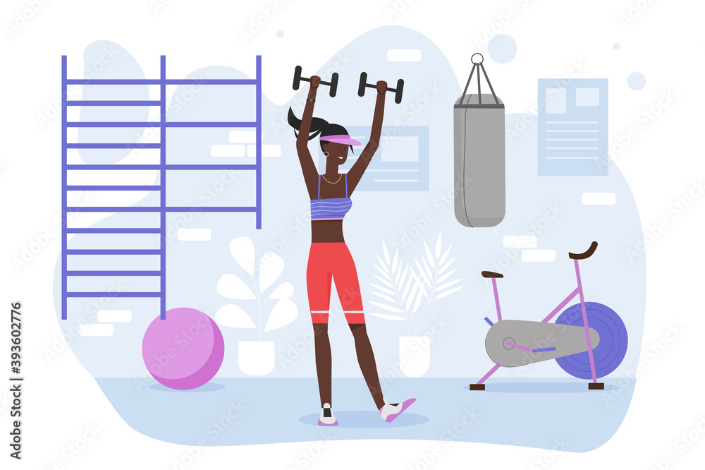 Fitness workout in gym vector illustration. Cartoon trainer sportswoman ...