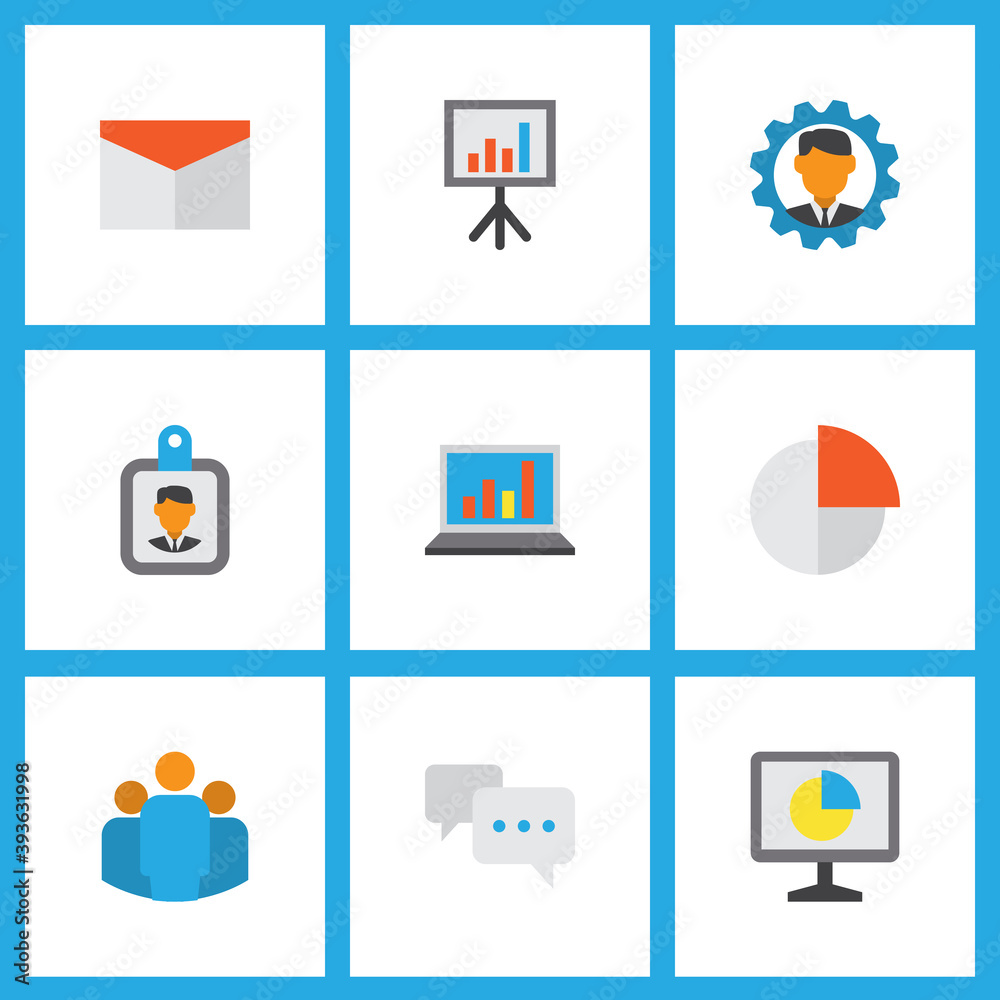 Job icons flat style set with conversation, identification, circle ...