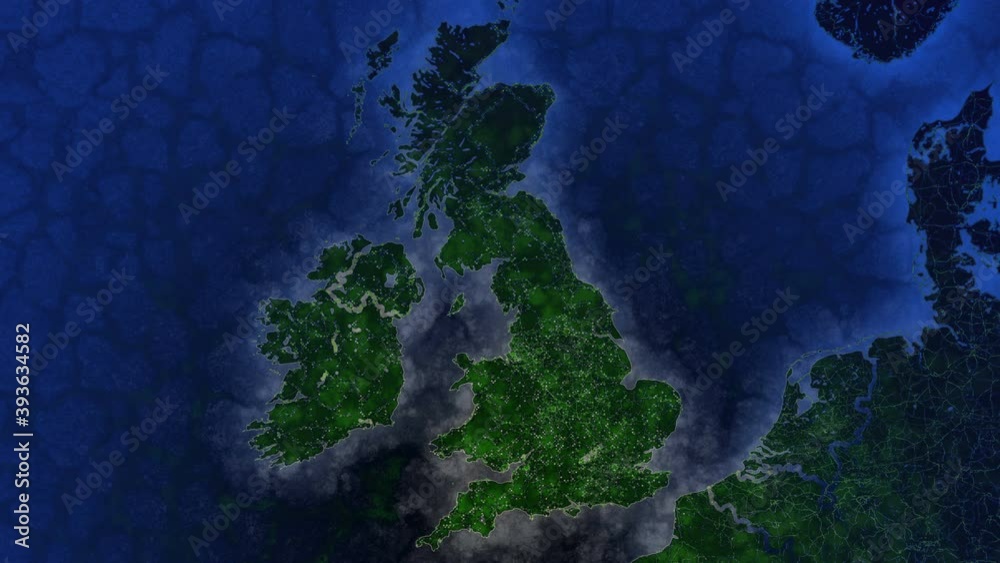 Map of the UK. View from space. Shimmering cities and villages. An ...