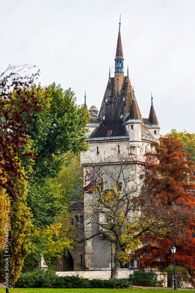 The famous tourist attraction Vajdahunyad Castle at fall, this is a ...