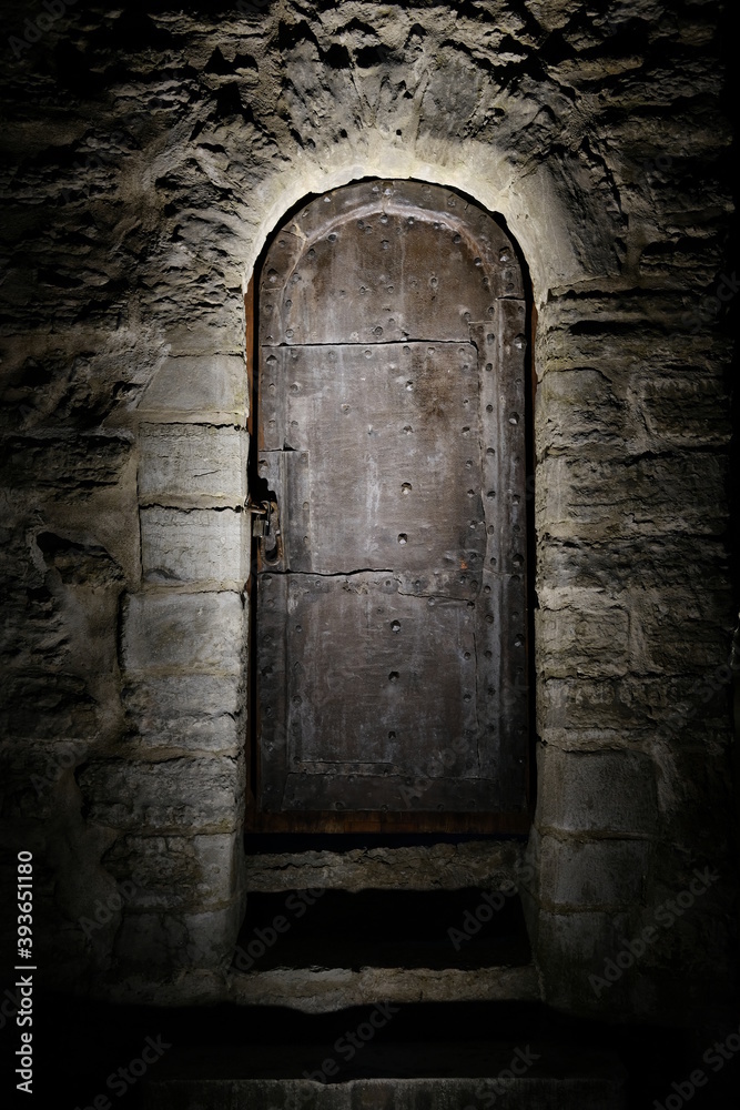 Medieval door close up. Metal entrance with stone steps. An old ancient ...