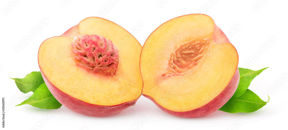 Isolated halved peach. Fresh peach fruit cut in half isolated on white ...