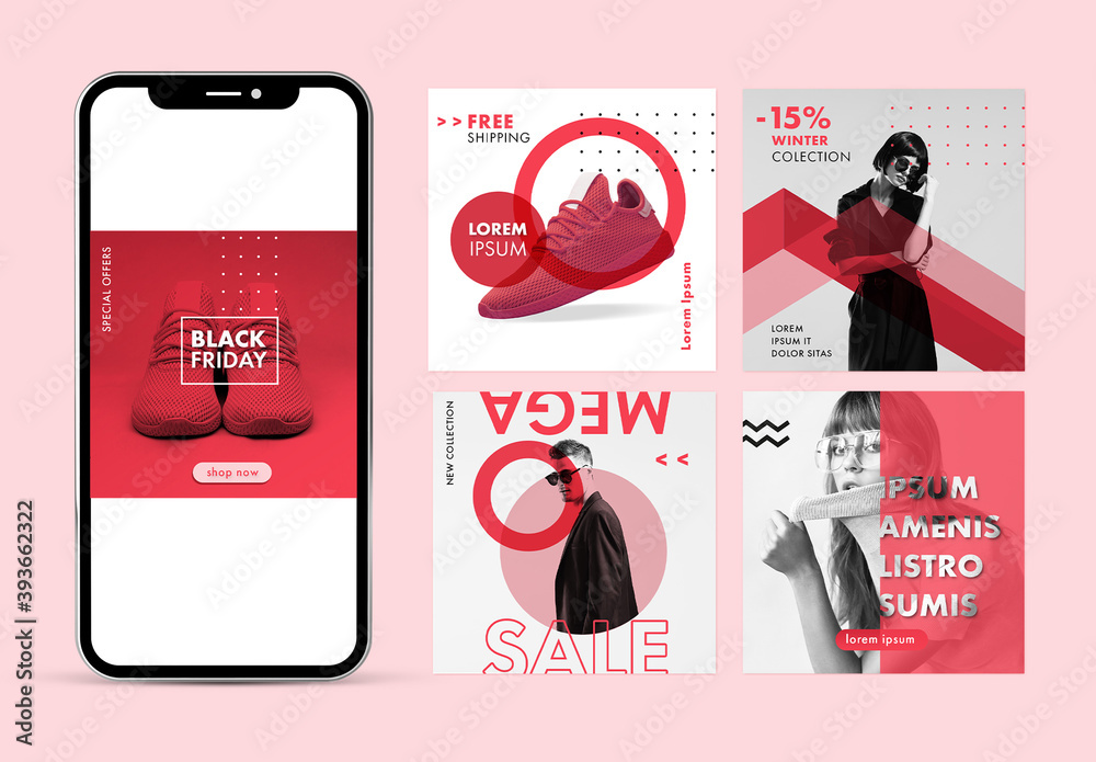 Minimal Red Style Social Media Post Layout Set Stock Template | Adobe Stock