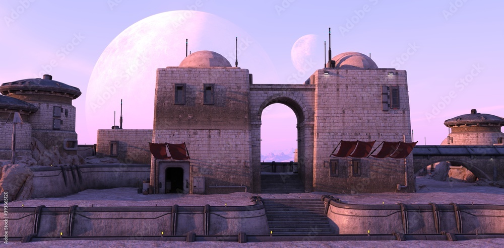 Futuristic stone fortress against pink alien sky with two planets. Sci ...