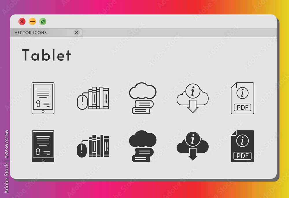 tablet icon set. included cloud library, tablet, books, pdf ...