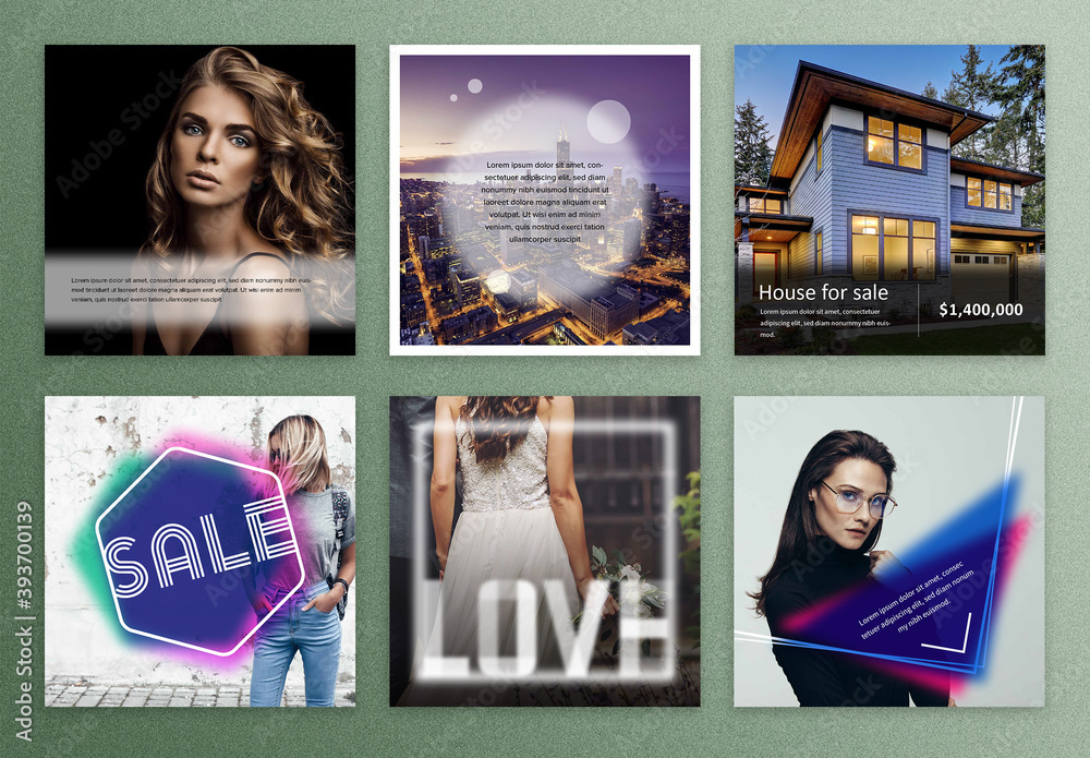 Social Media Post Layouts with Blurry Transparent Overlays Stock ...