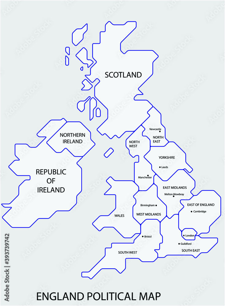 England political map divide by state colorful outline simplicity style ...