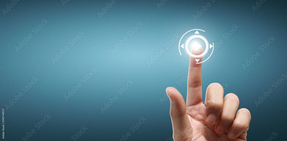 Hands touching button screen interface global connection customer ...