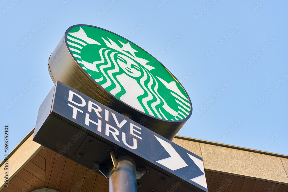 BUSAN, SOUTH KOREA - CIRCA MAY, 2017: drive-thru sign at Starbucks ...
