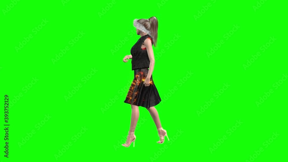 animated 3d footages two scenes, a avatar girl walks around on a green ...