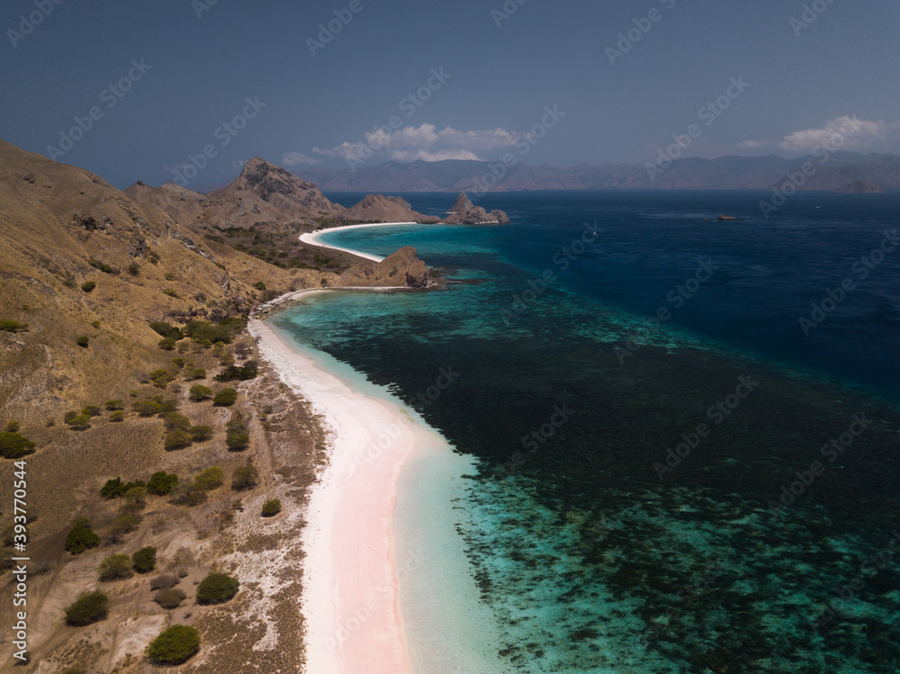Pink Beach in Padar Island Komodo National park, Indonesia drone view ...
