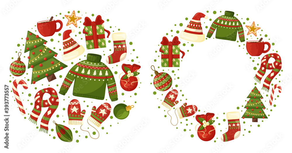 Collection of Christmas wreaths with seasonal elements. Modern design ...