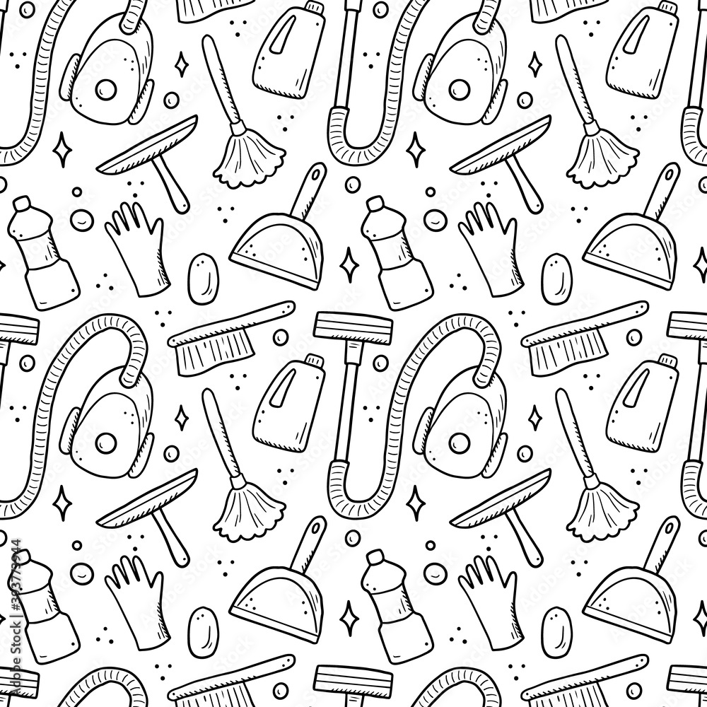 Hand drawn seamless pattern of cleaning equipments, sponge, vacuum ...