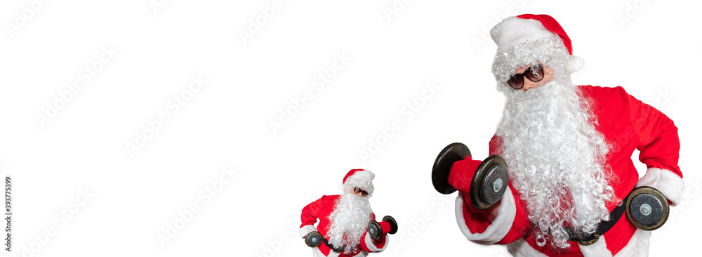 Santa Clauses working out, lifting dumbbells and doing bicep curls. One ...