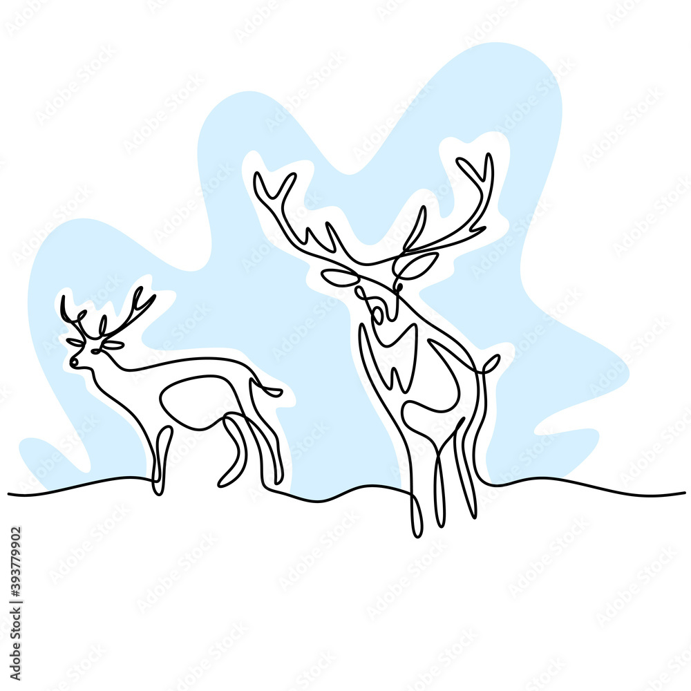 Two reindeer continuous one line drawing. Two deers in the forest ...