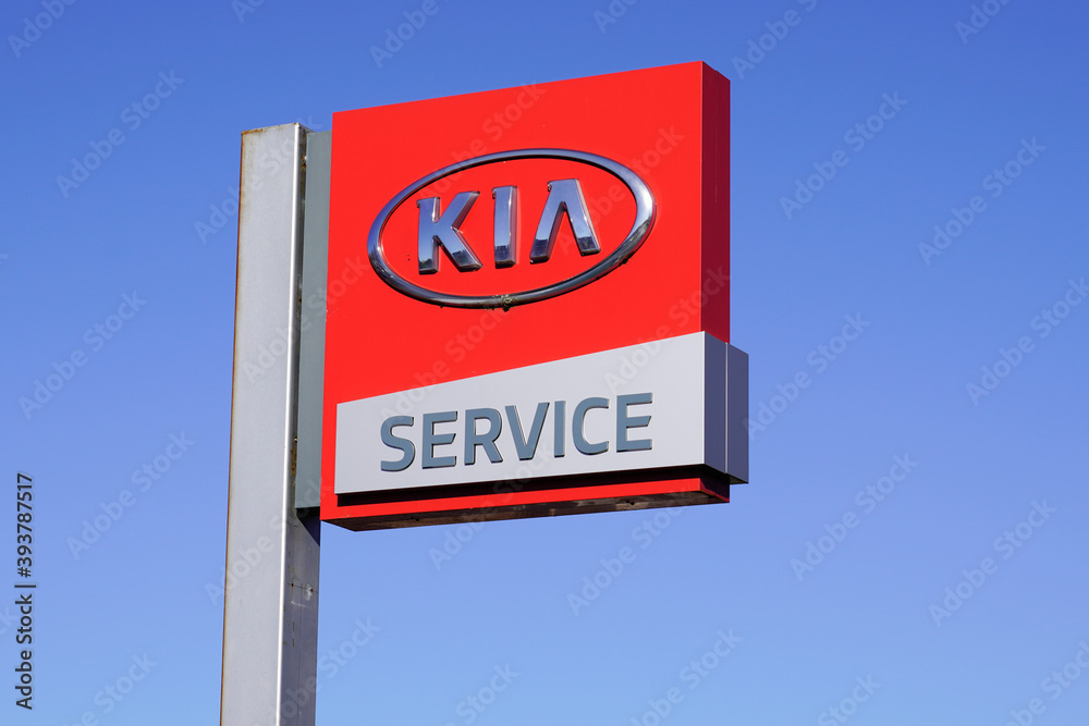 Kia service car logo and text sign of dealership of Korean brand of ...