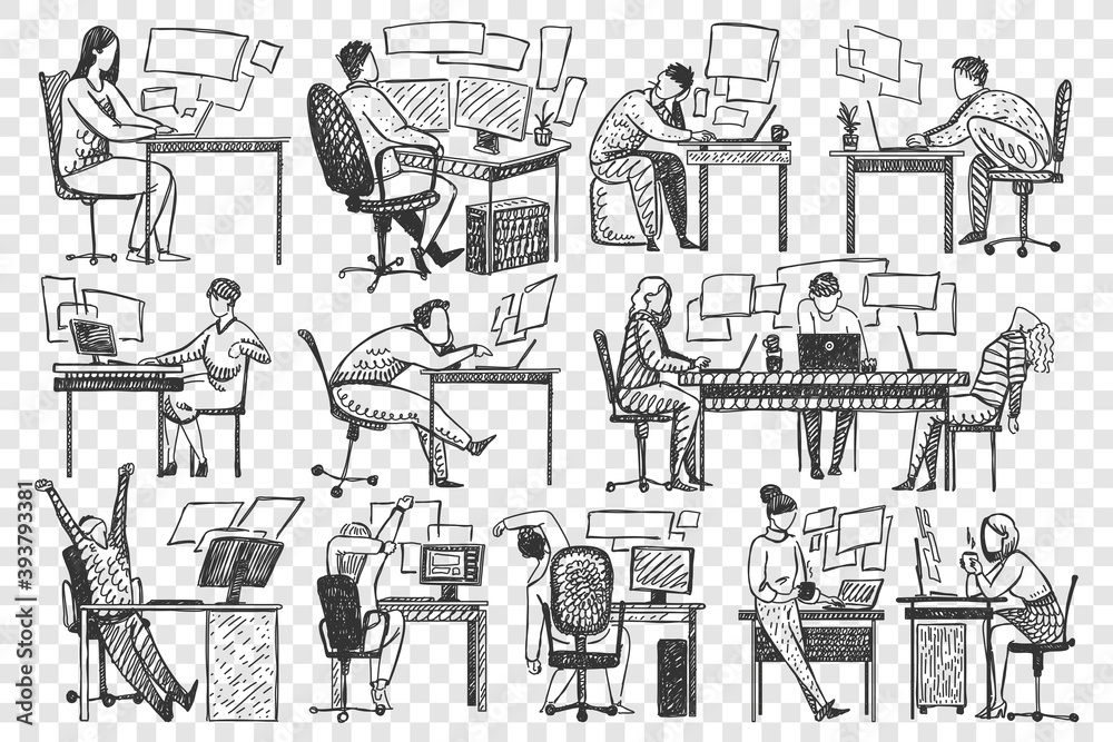 People in office doodle set. Collection of hand drawn businessmen women ...