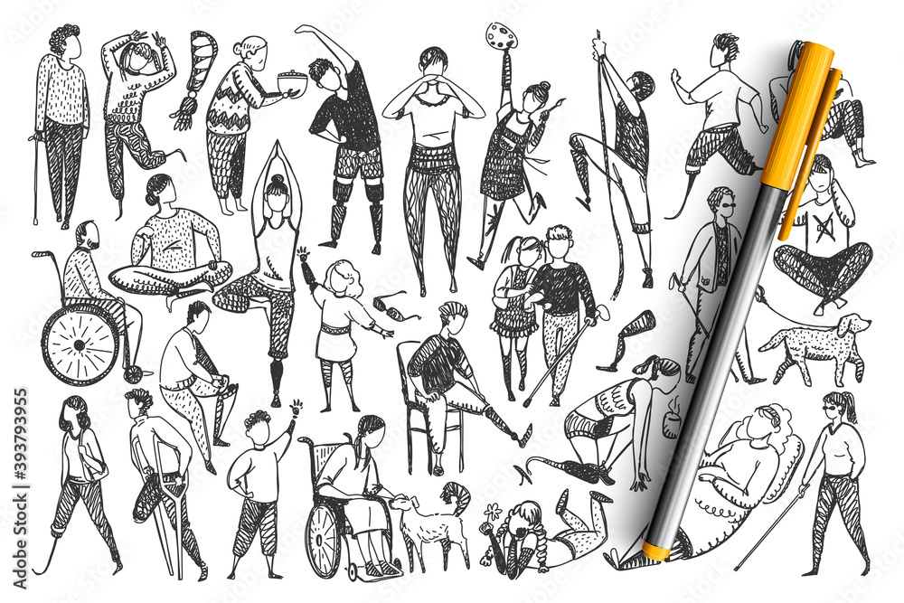 Disabled people doodle set. Collection of hand drawn handicapped men ...