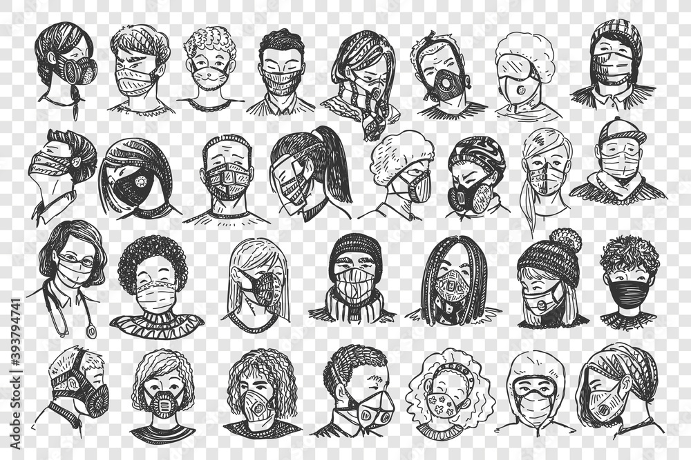 People with masks doodle set. Collection of hand drawn men women ...