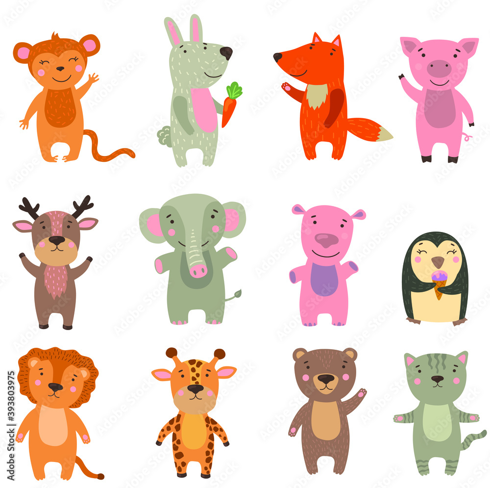 Happy funny cartoon animals set. Set of animals. Big set isolated ...